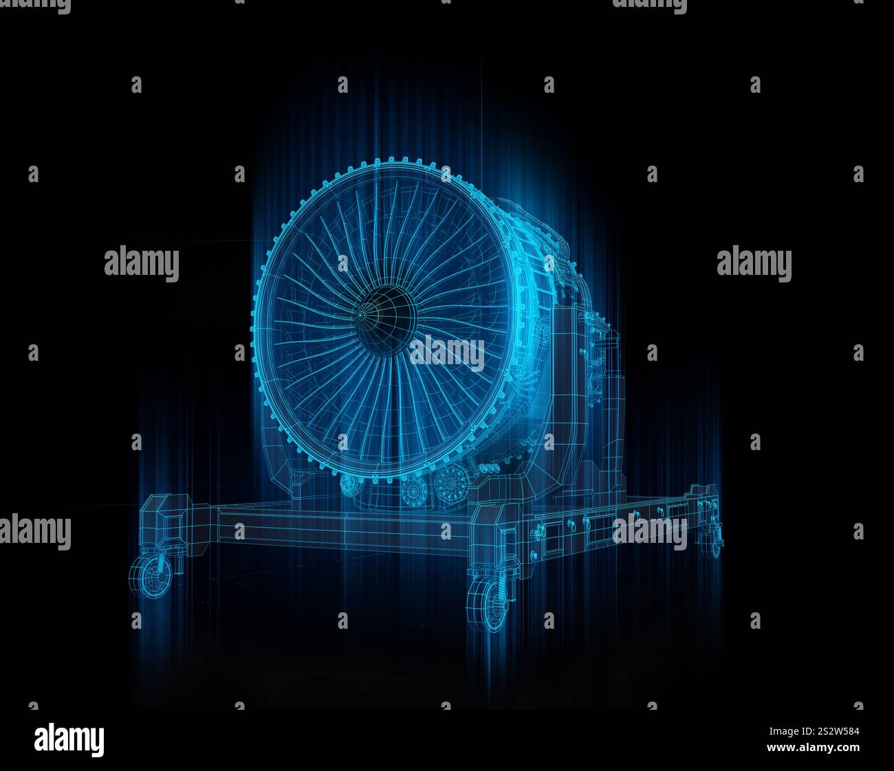 Wireframe image of an X-ray style jet engine. Digital twin concept ...