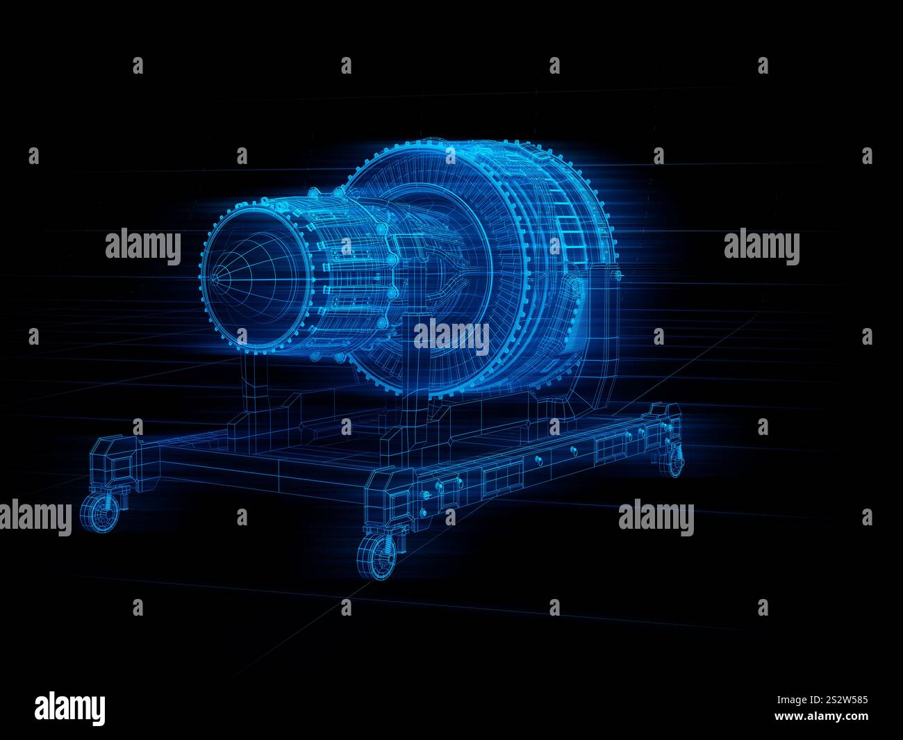 Wireframe image of an X-ray style jet engine. Digital twin concept ...