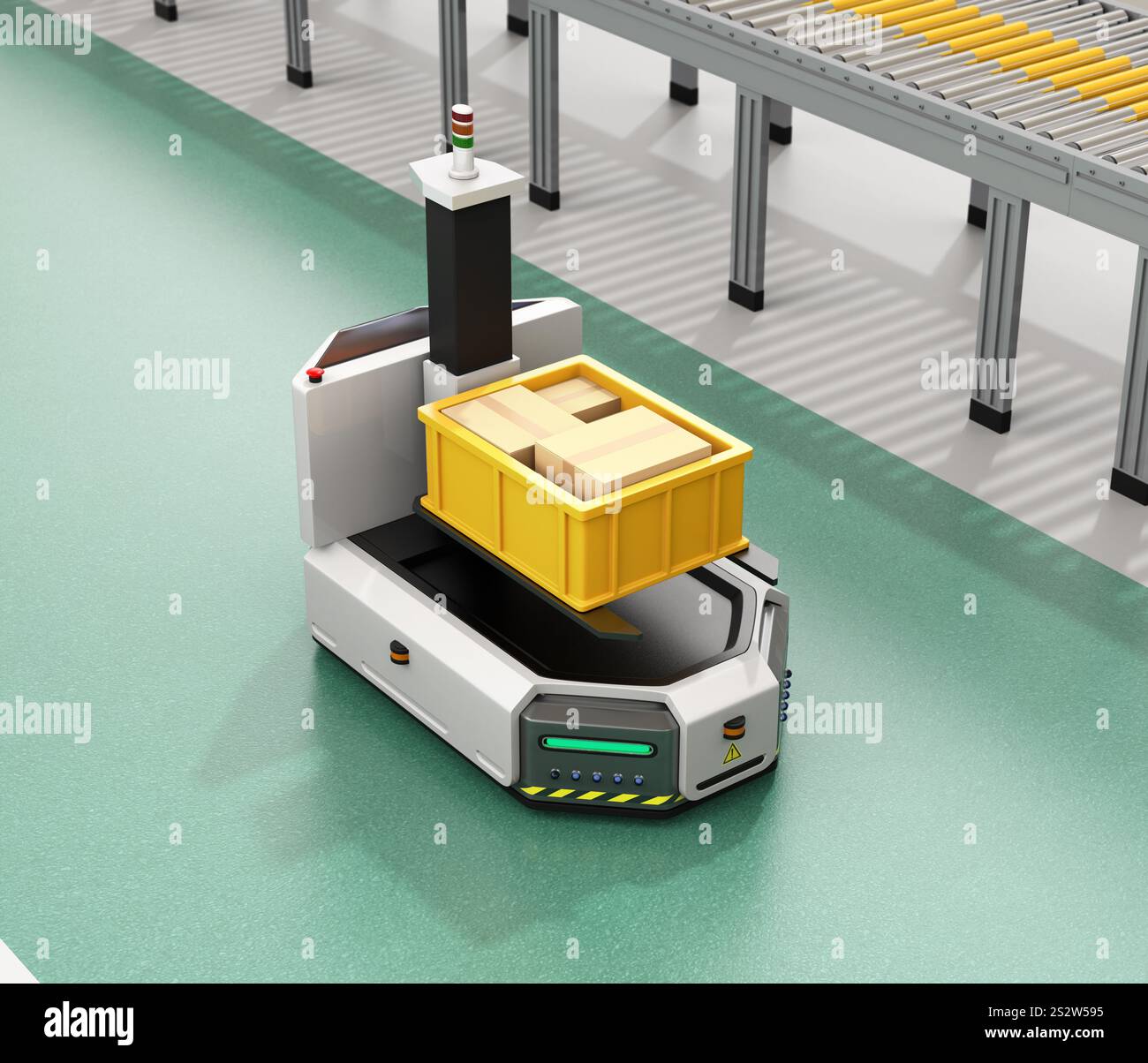 AGV, a forklift truck-type unmanned transport vehicle, transporting ...