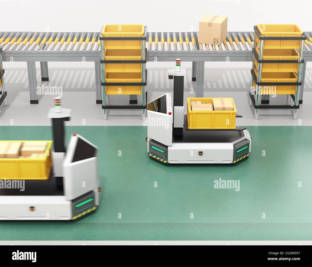 AGV, a forklift truck-type unmanned transport vehicle, transporting ...