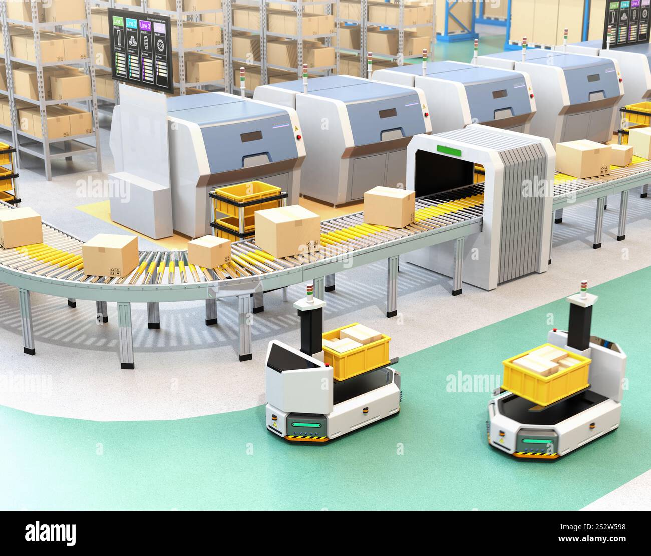 AGV, a forklift truck-type unmanned transport vehicle, transporting ...