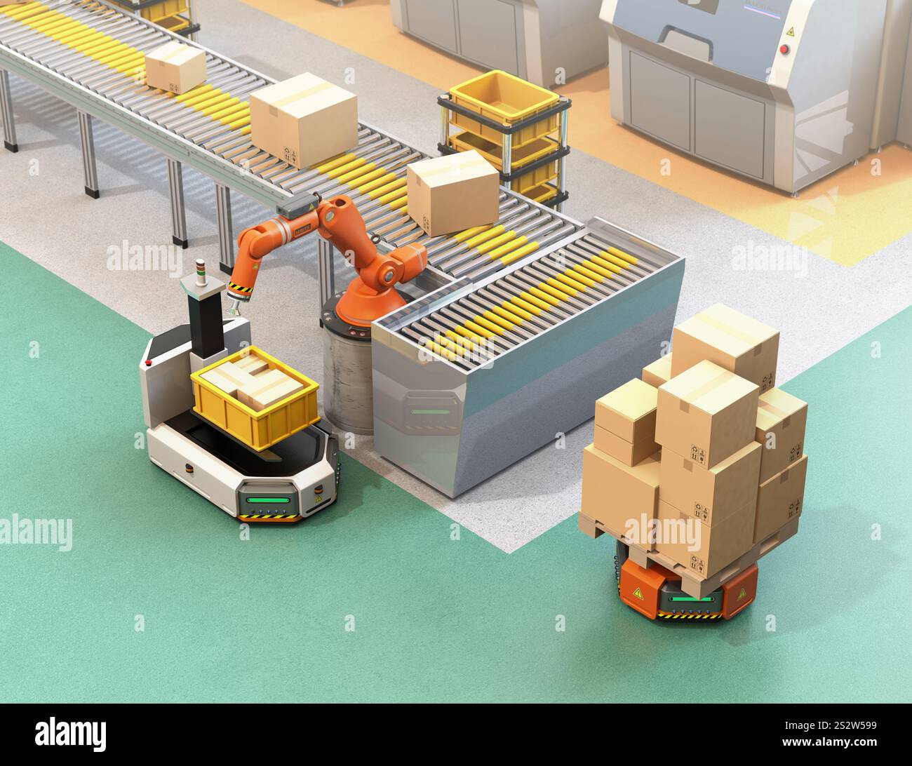 A load flows from the line and is carried by a robot arm to an AGV, an ...