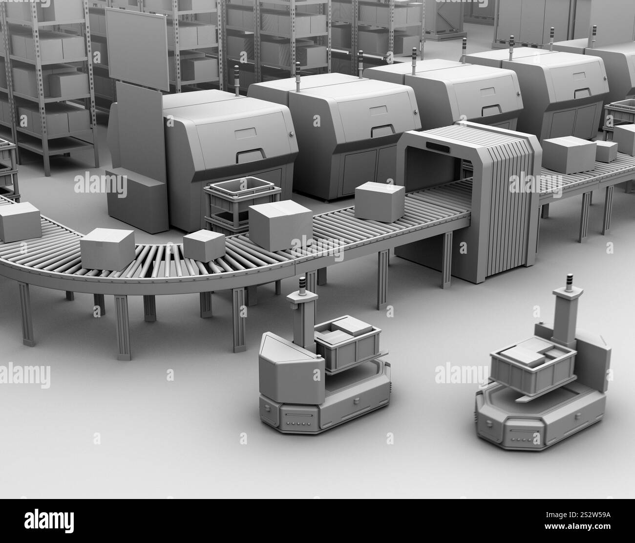 Grey shading image of AGV with robotic arm and forklift-type unmanned ...