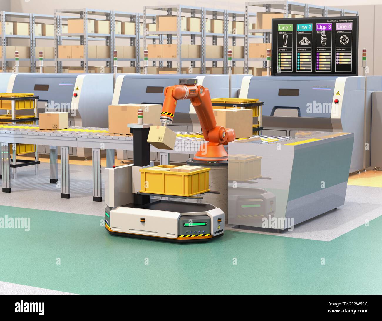 A load flowing from the line is being carried by a robot arm to an AGV ...