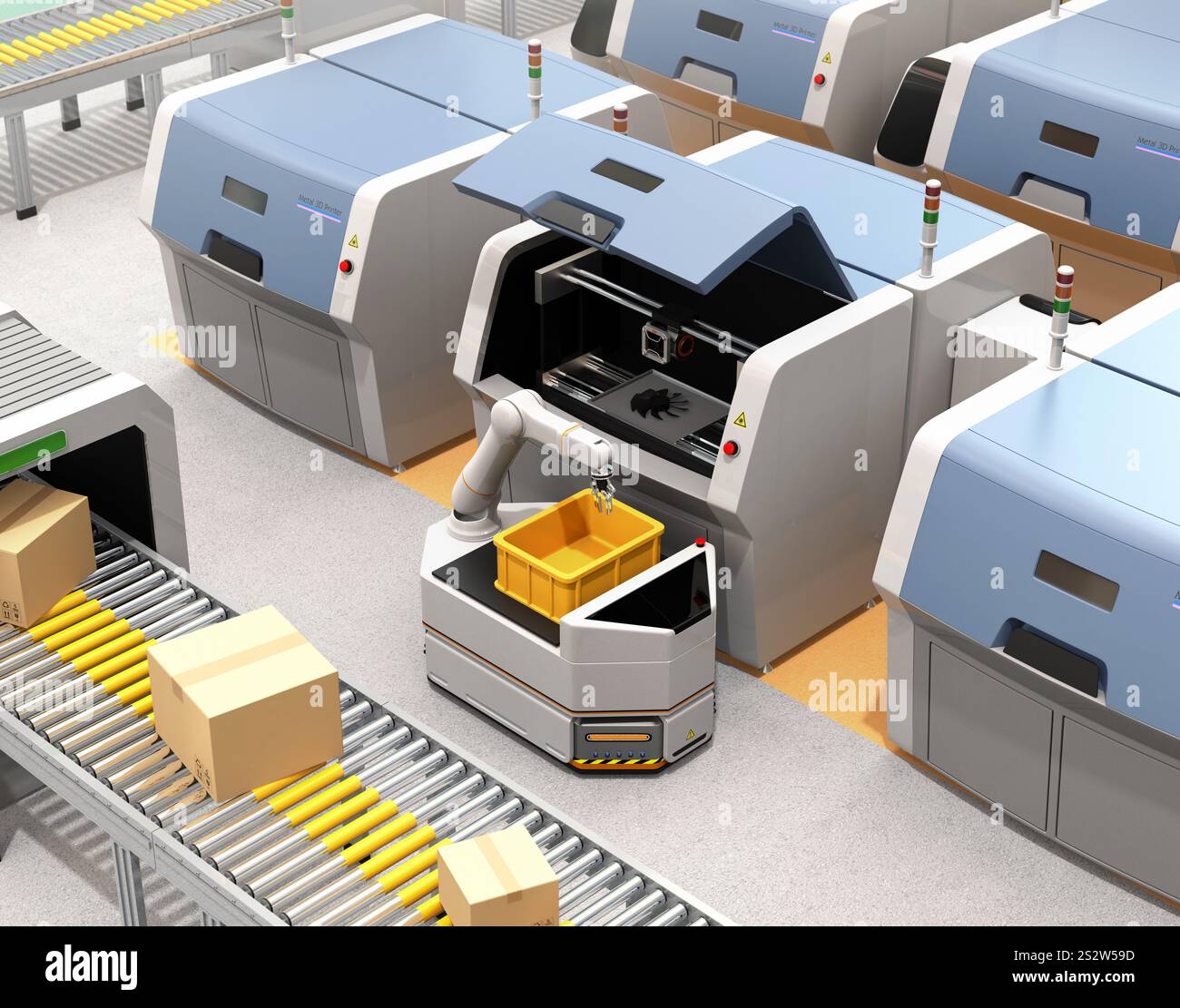 An AGV unmanned transport vehicle uses a robot arm to remove moulded ...