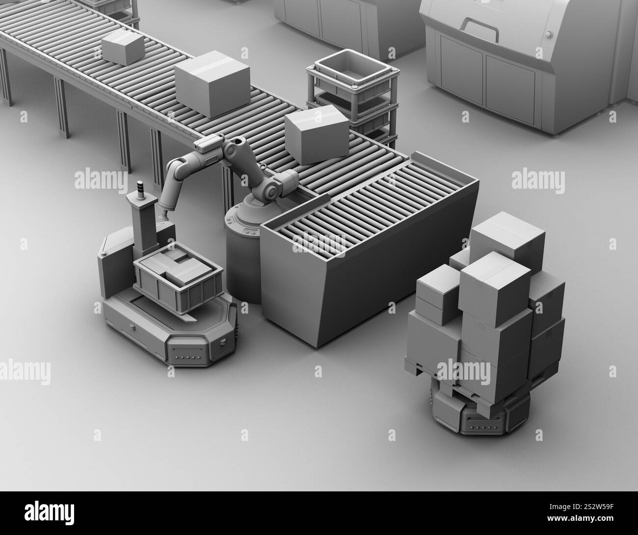 Grey shading image of AGV with robotic arm and forklift-type unmanned ...