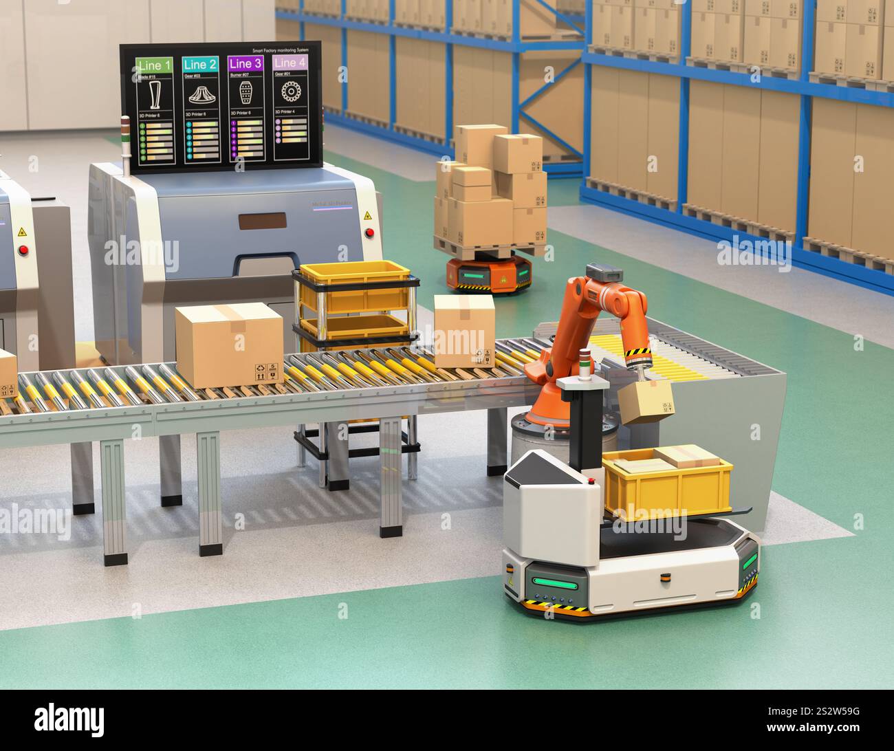A load flowing from the line is being carried by a robot arm to an AGV ...