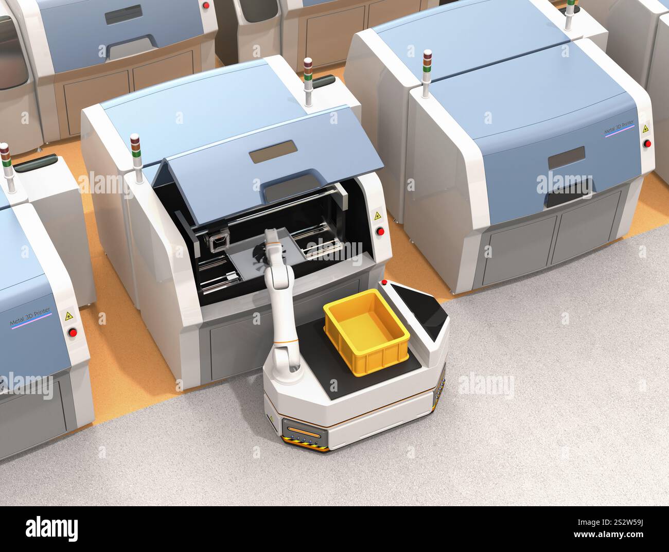 An AGV unmanned transport vehicle uses a robot arm to remove moulded ...