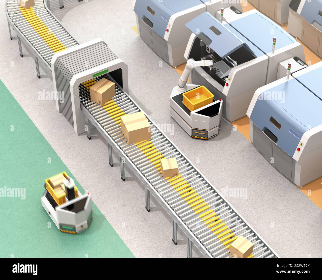 An AGV unmanned transport vehicle uses a robot arm to remove moulded ...