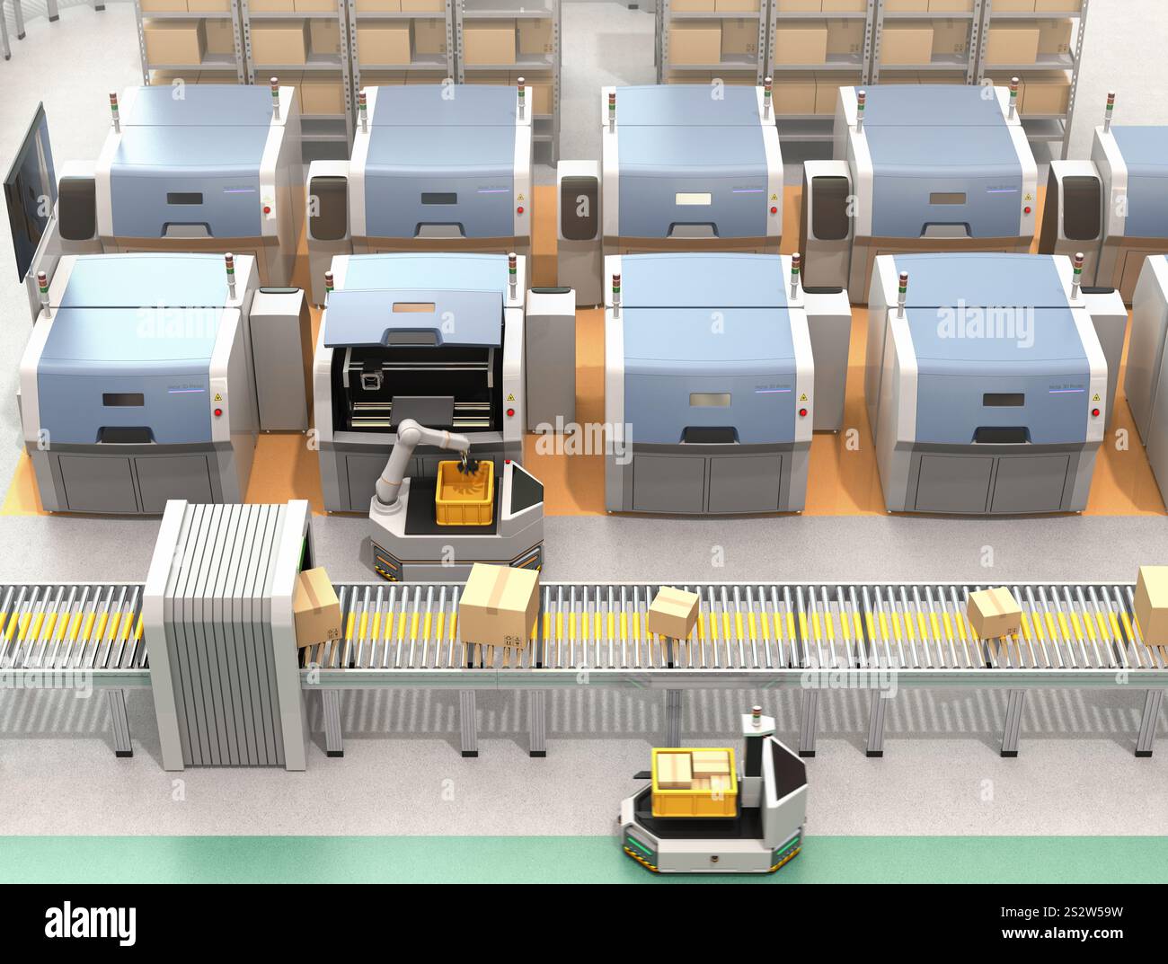 An AGV unmanned transport vehicle uses a robot arm to remove moulded ...
