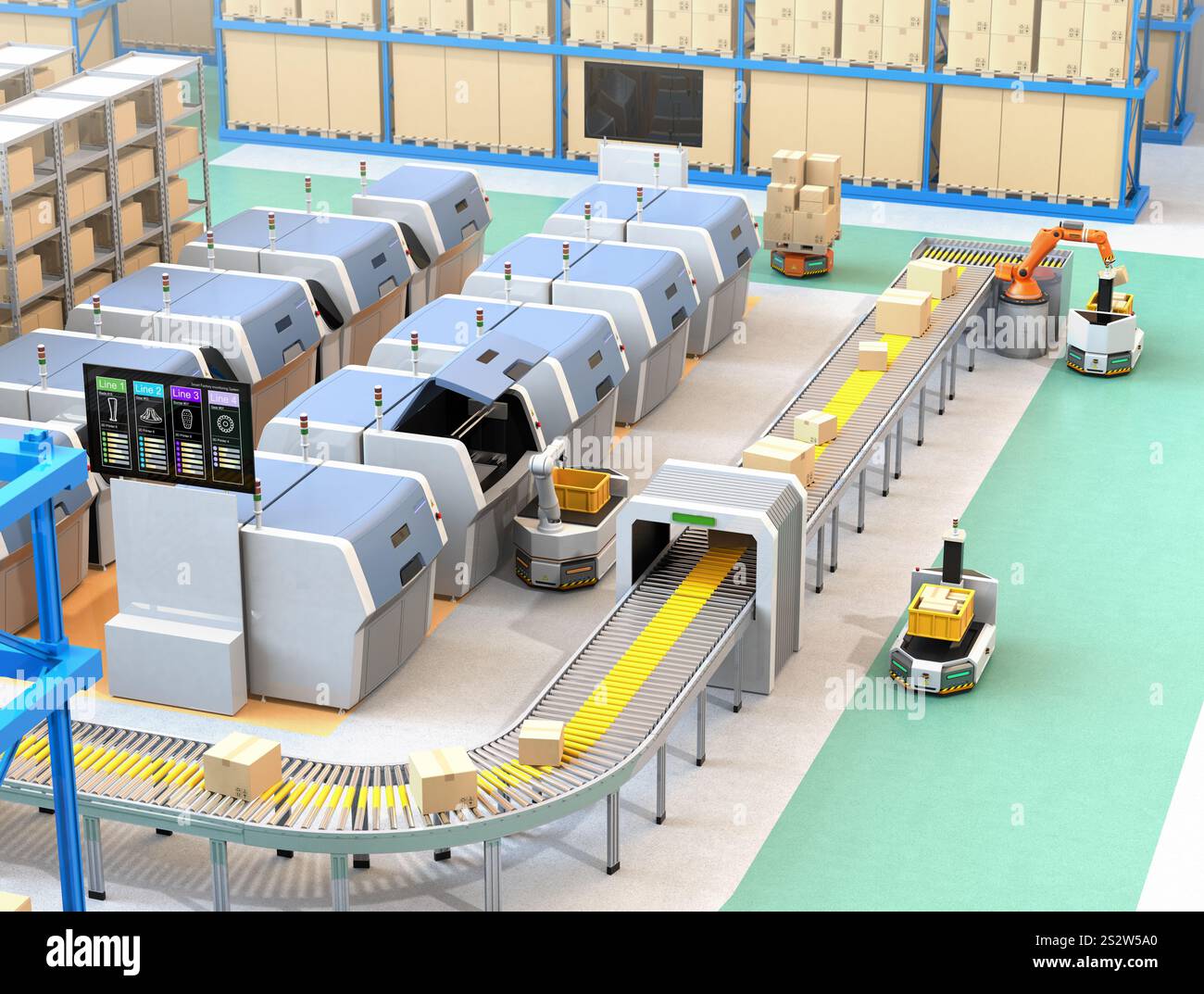 Smart factory concept equipped with AGVs, robot arms and 3D printers ...