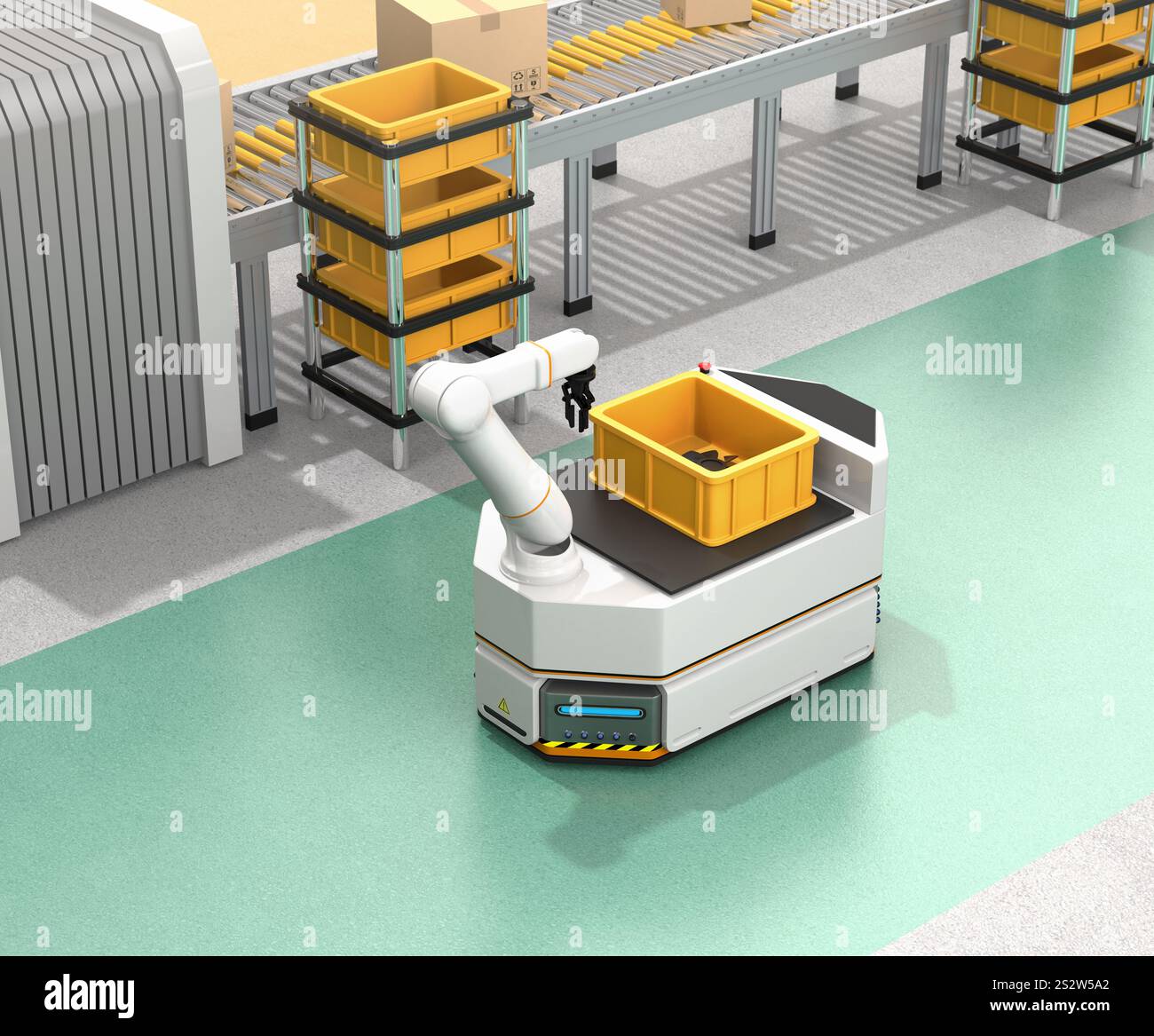 Image of an unmanned transport vehicle with a robotic arm travelling ...