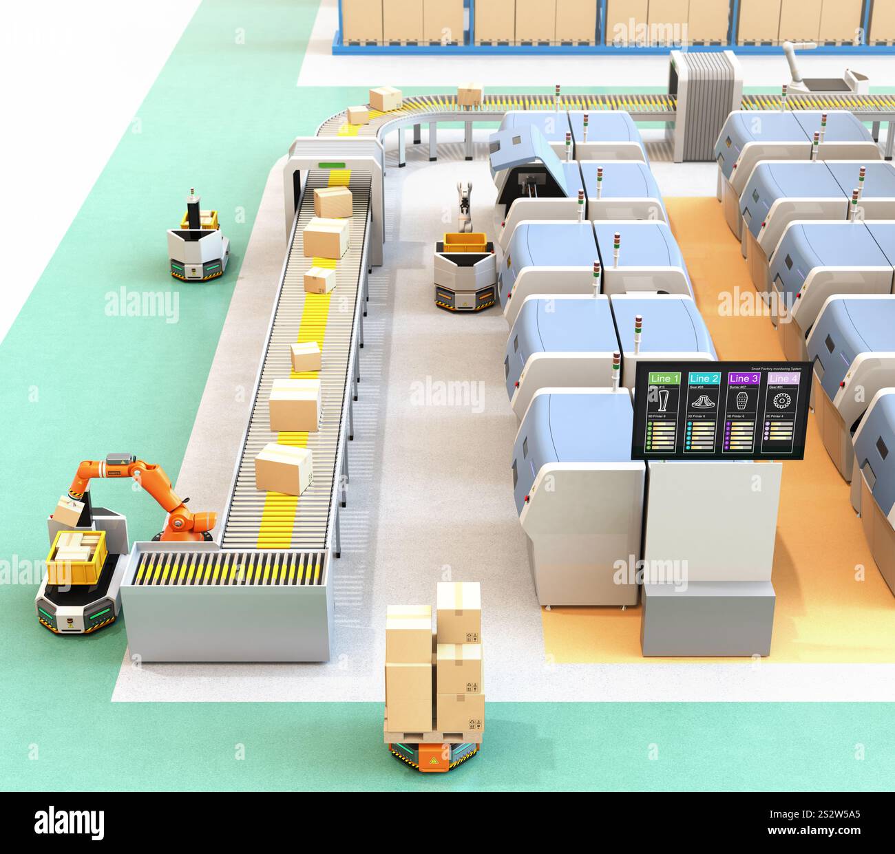 Smart factory concept equipped with AGVs, robot arms and 3D printers ...
