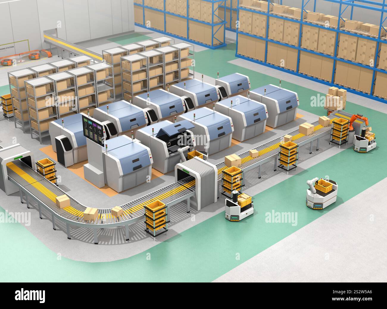 Smart factory concept equipped with AGVs, robot arms and 3D printers ...