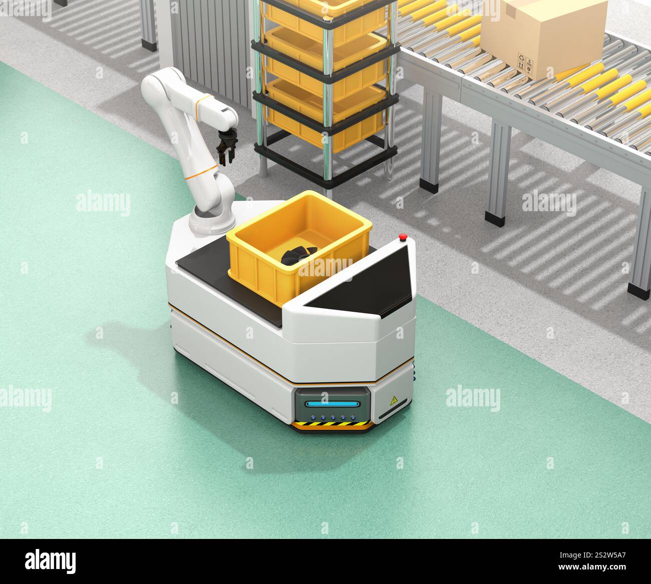 Image of an unmanned transport vehicle with a robotic arm travelling ...