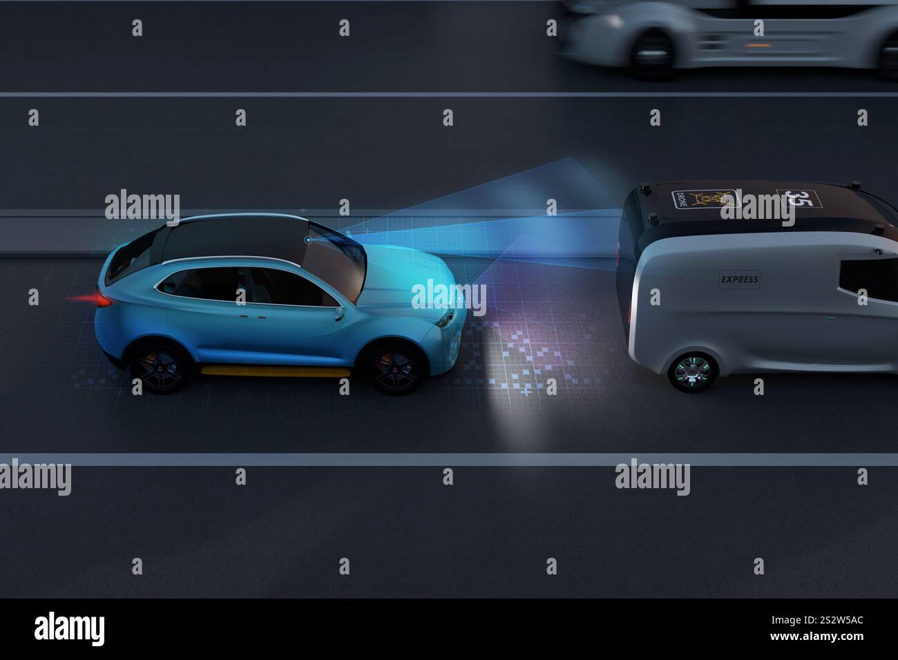 Illustration of automatic braking to avoid a rear-end collision. Automatic braking concept Stock ...