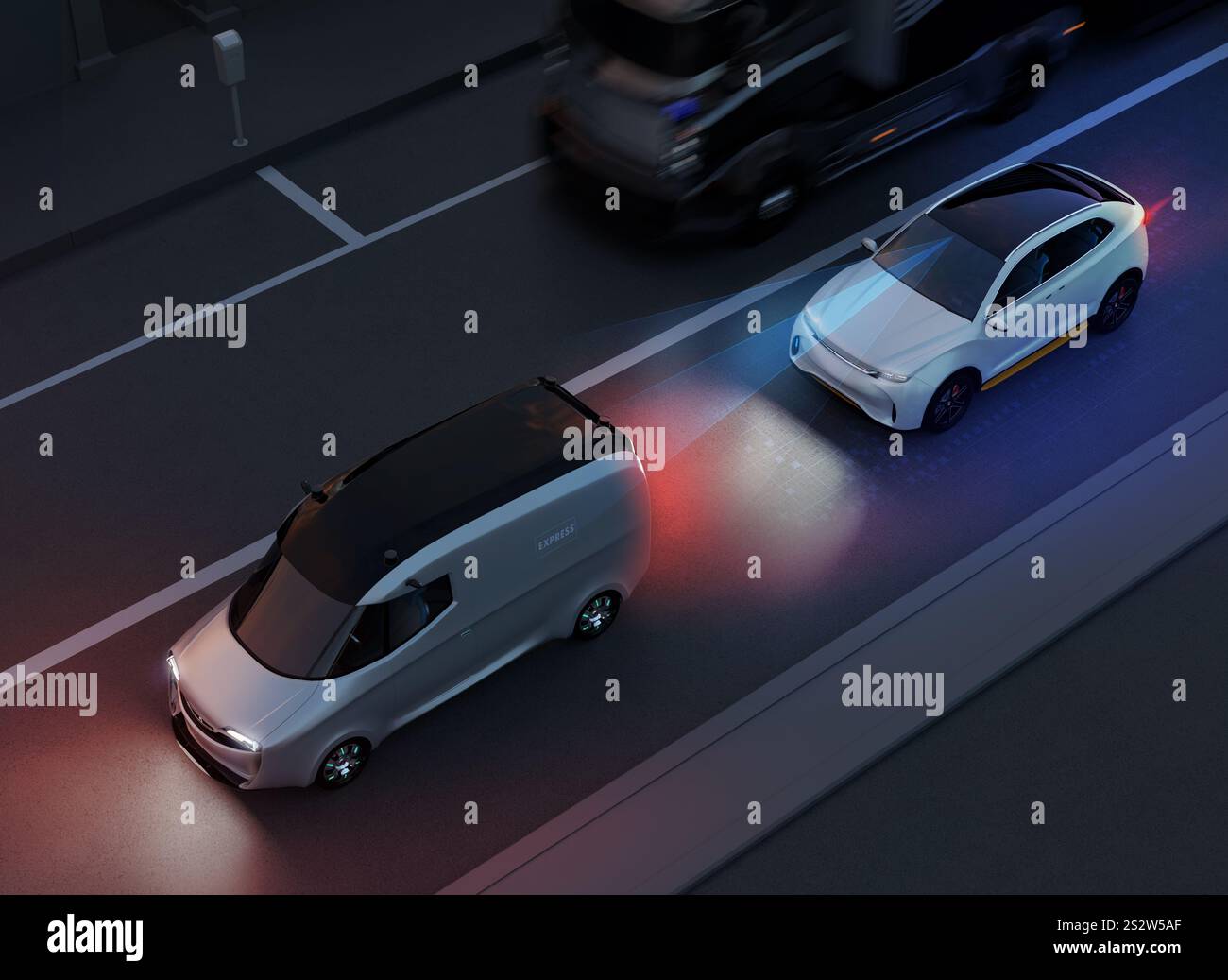 Illustration of automatic braking to avoid a rear-end collision. Automatic braking concept Stock ...