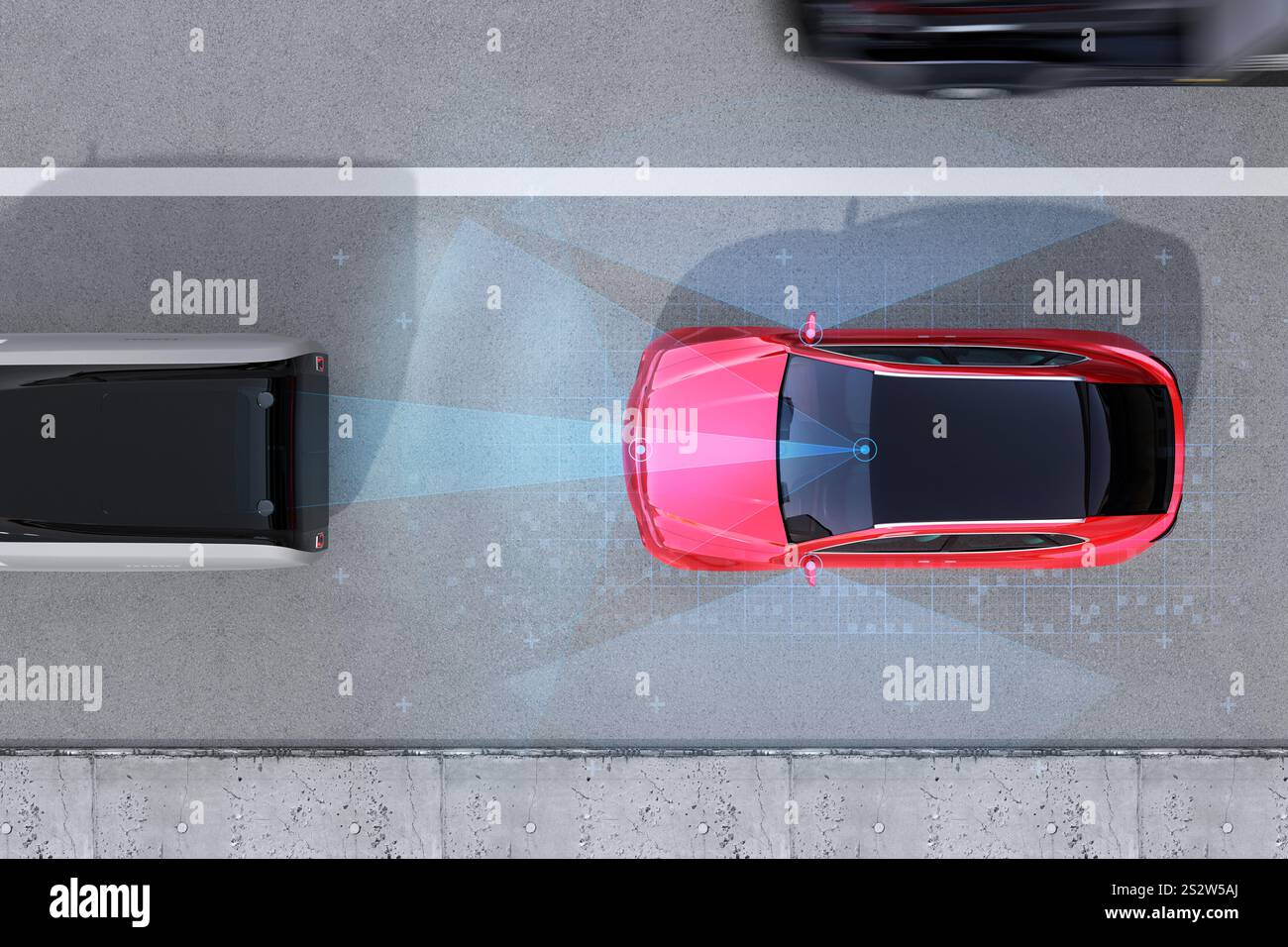 Illustration of automatic braking to avoid a rear-end collision. Automatic braking concept Stock ...