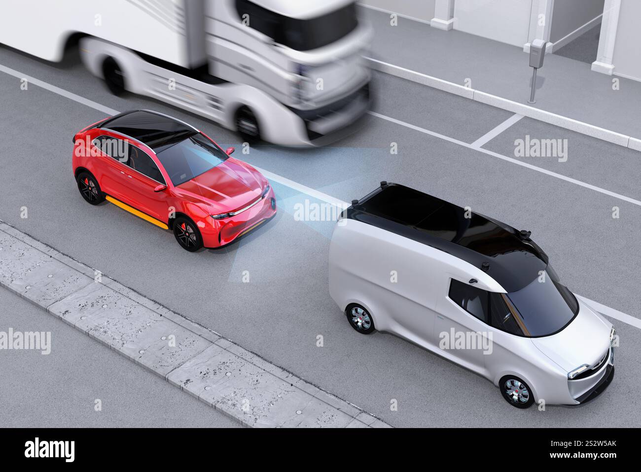 Illustration of automatic braking to avoid a rear-end collision ...