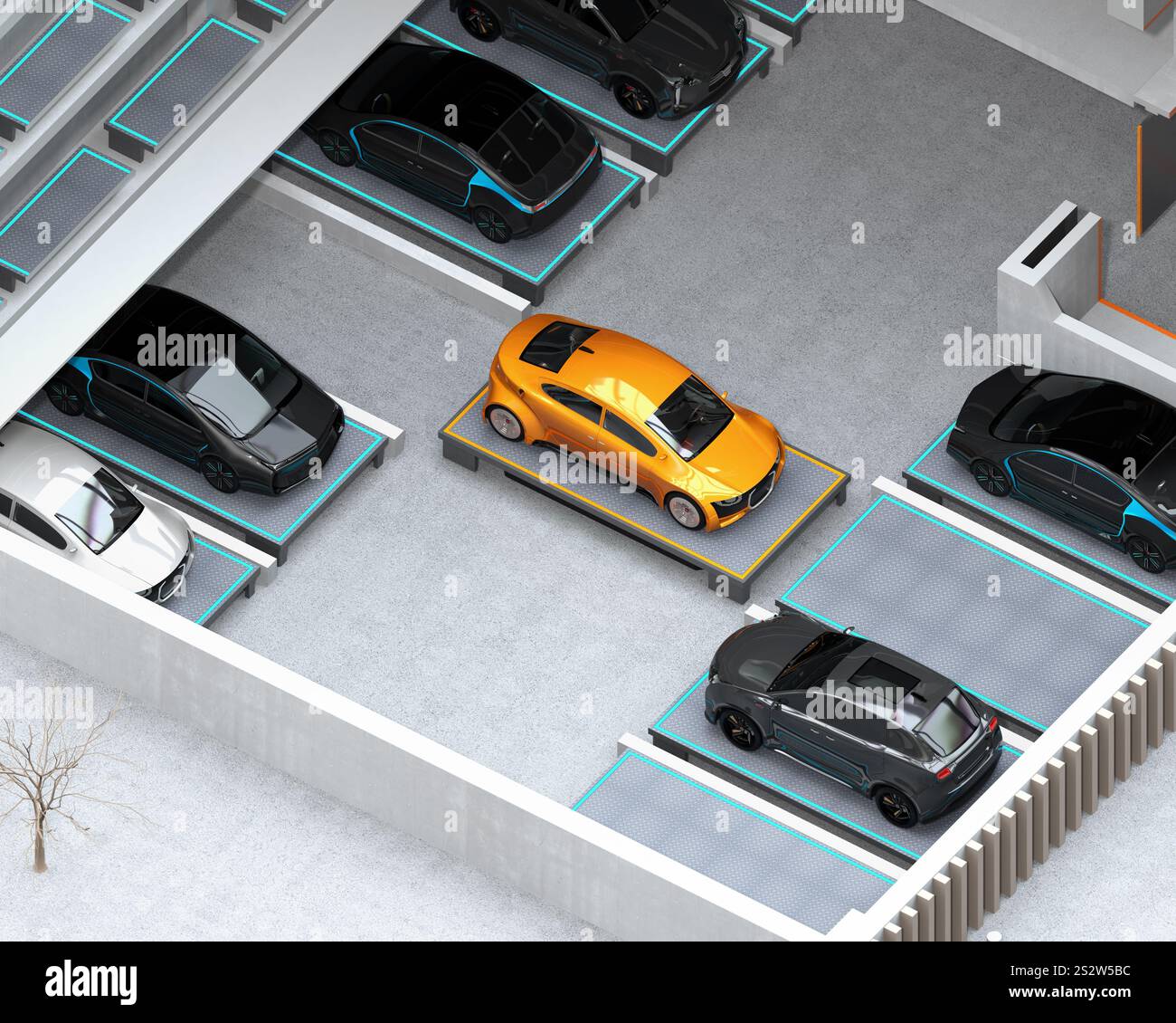 Automatic guided vehicle (AGV) robot transports a car to a parking ...