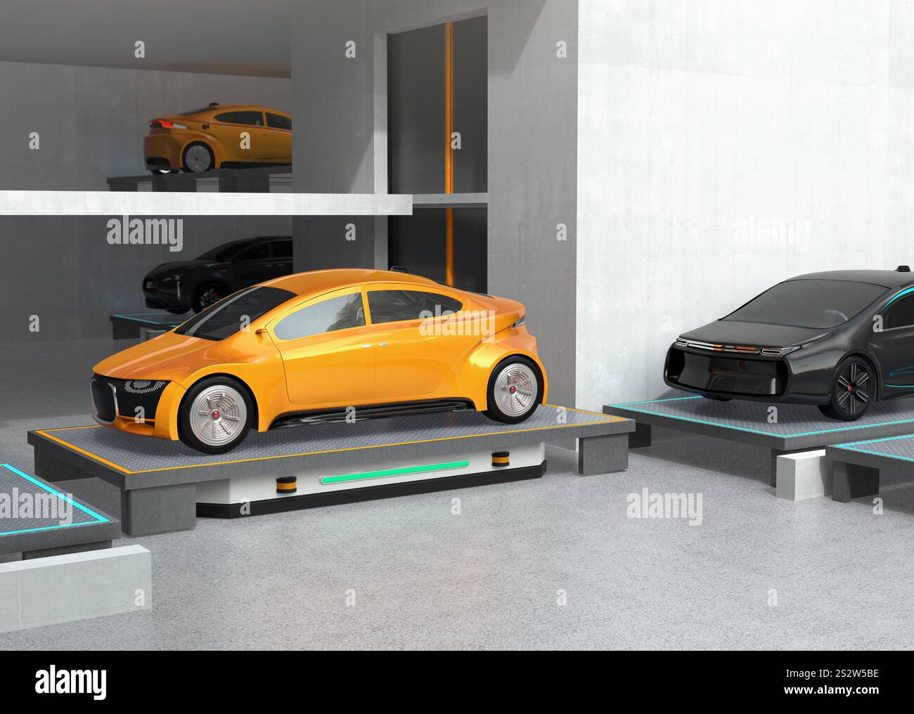 Automatic guided vehicle (AGV) robot transports a car to a parking ...