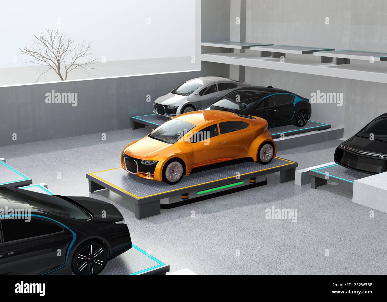 Automatic guided vehicle (AGV) robot transports a car to a parking ...