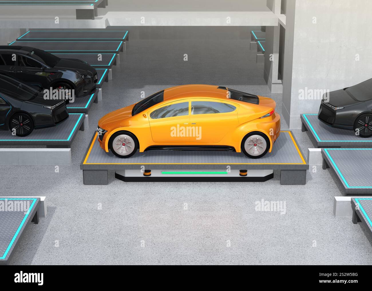 Automatic guided vehicle (AGV) robot transports a car to a parking ...