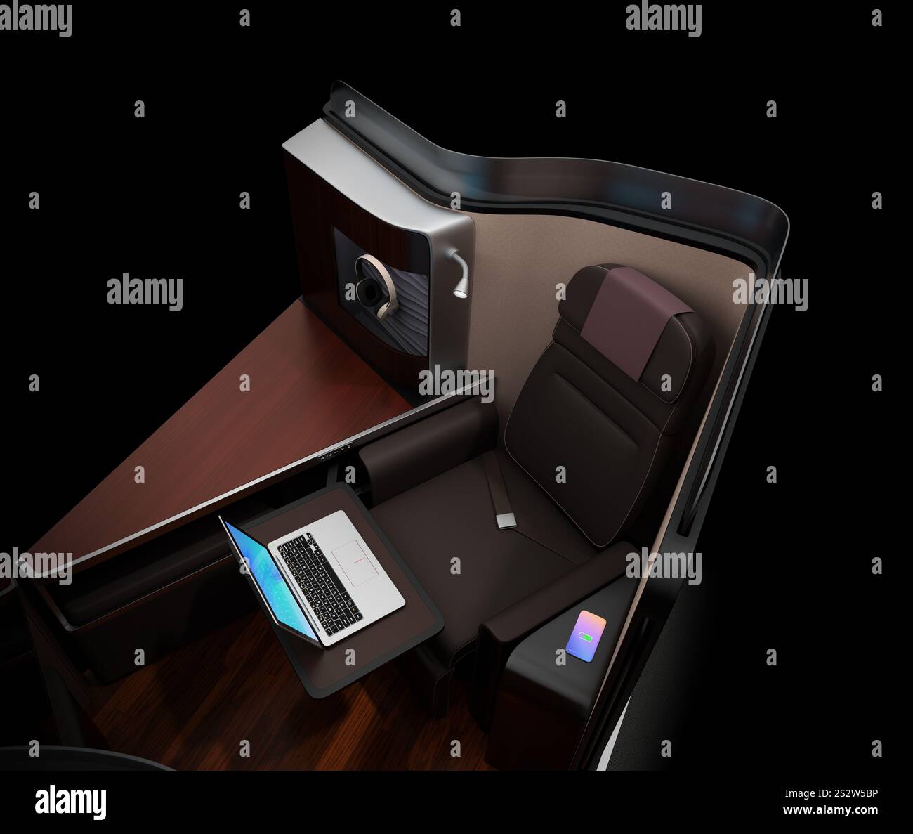 Concept image of a private business class suite with black background ...