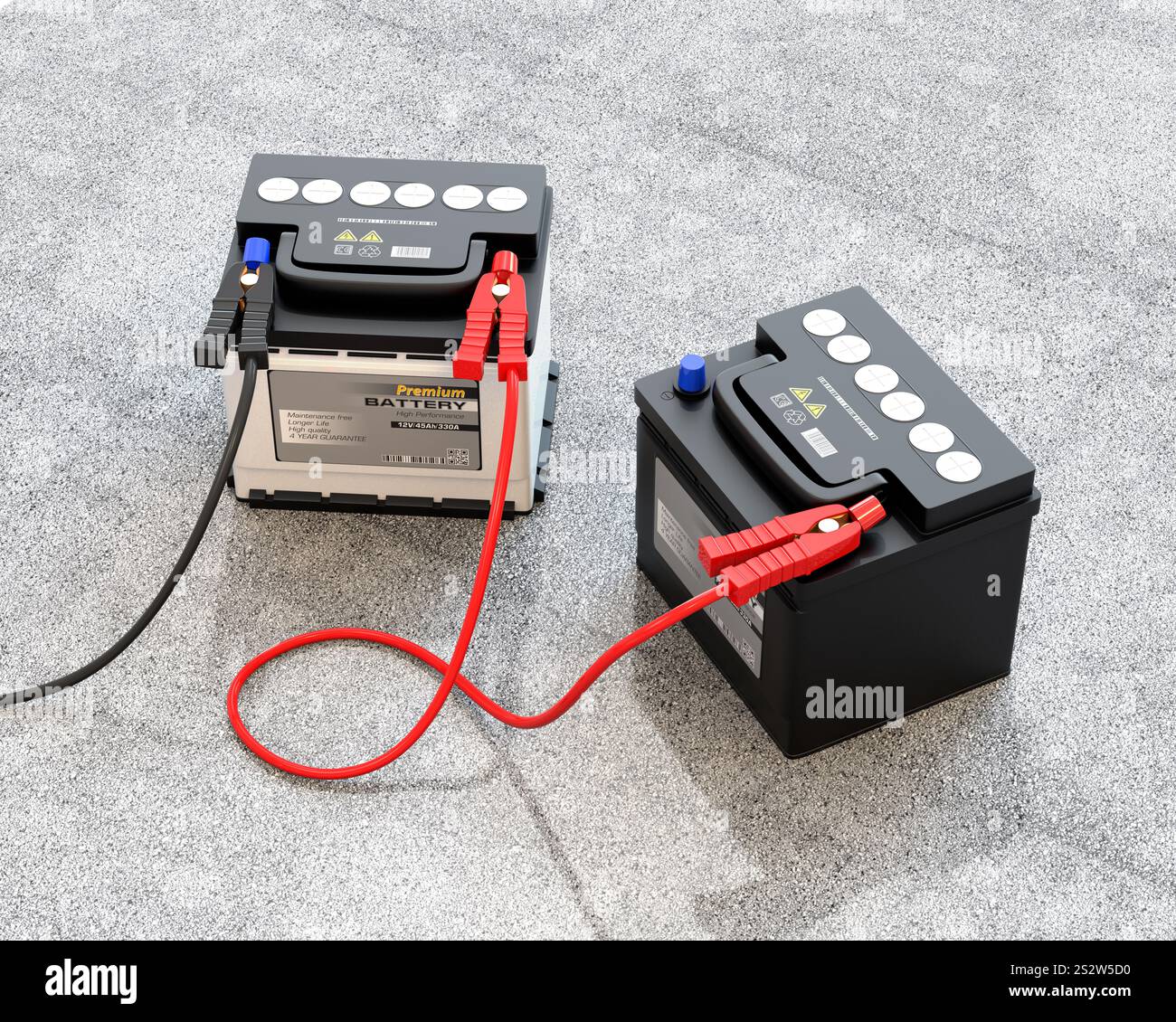 Image of one car battery connected by booster cables Stock Photo - Alamy
