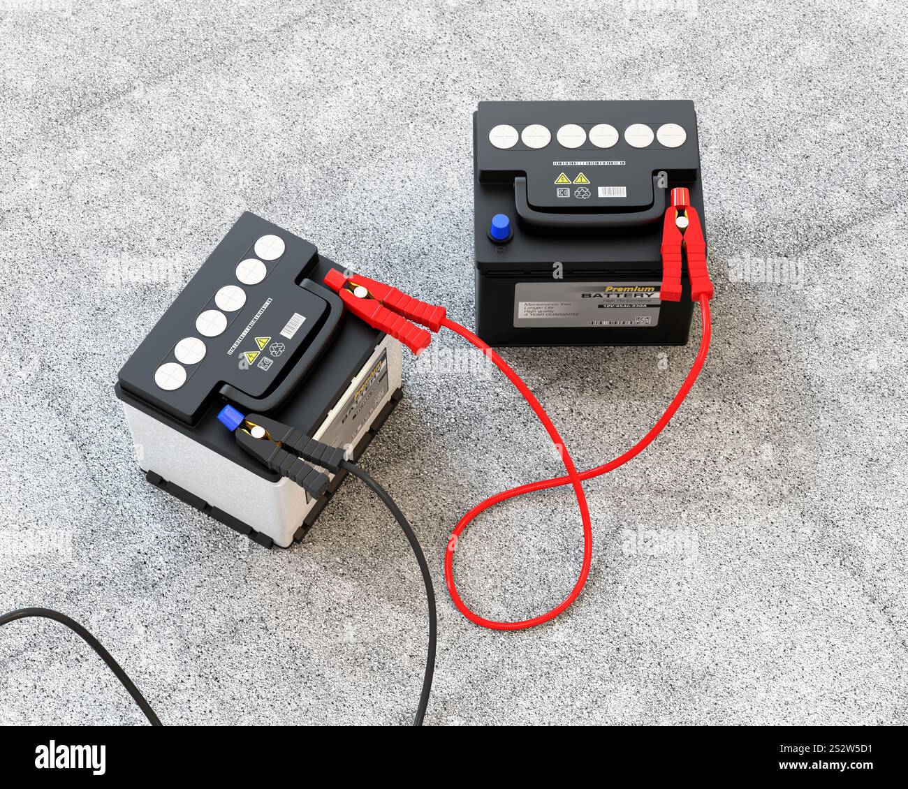 Image of two car batteries connected by booster cables Stock Photo - Alamy