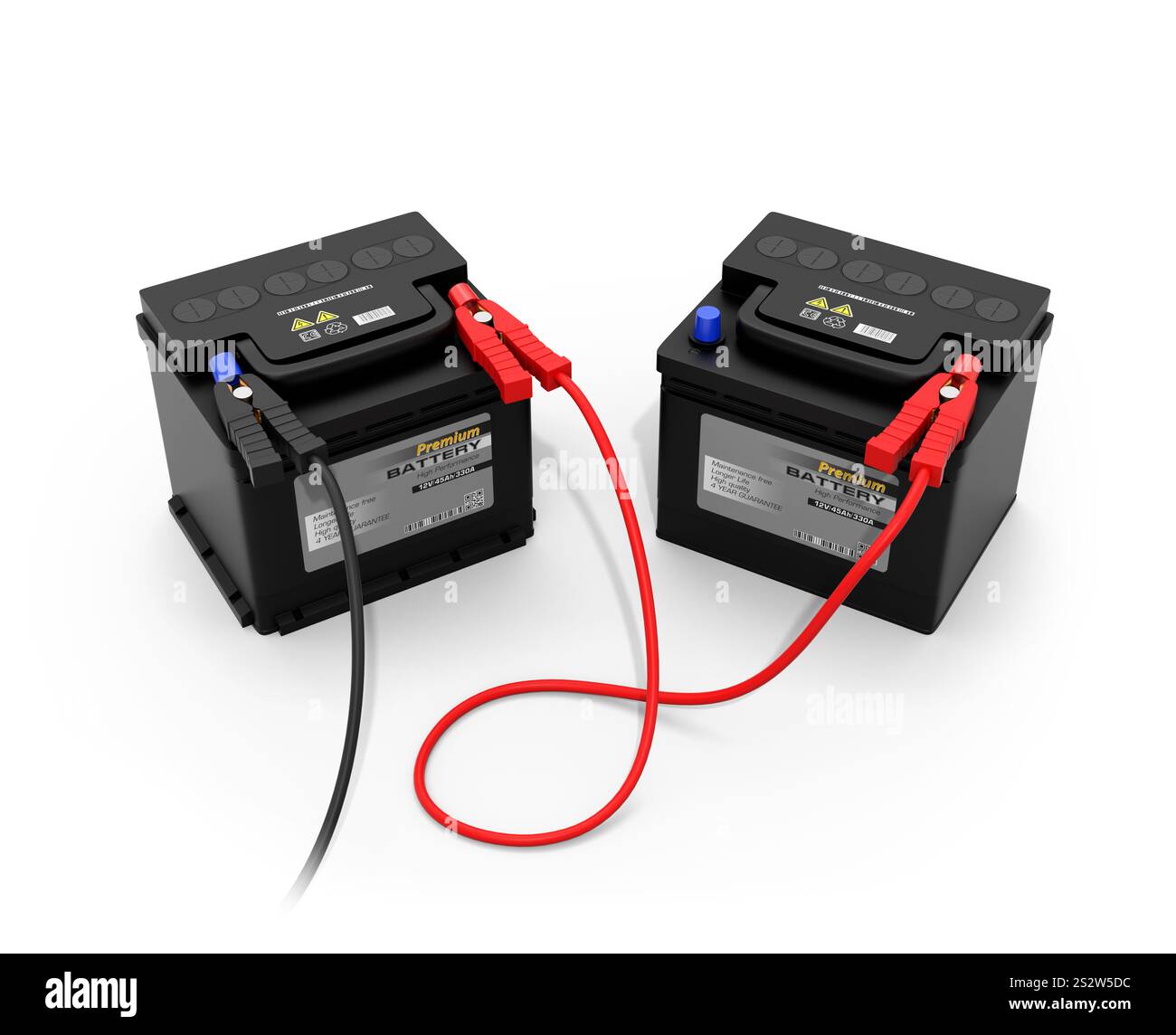 Image of two car batteries connected by booster cables on white ...