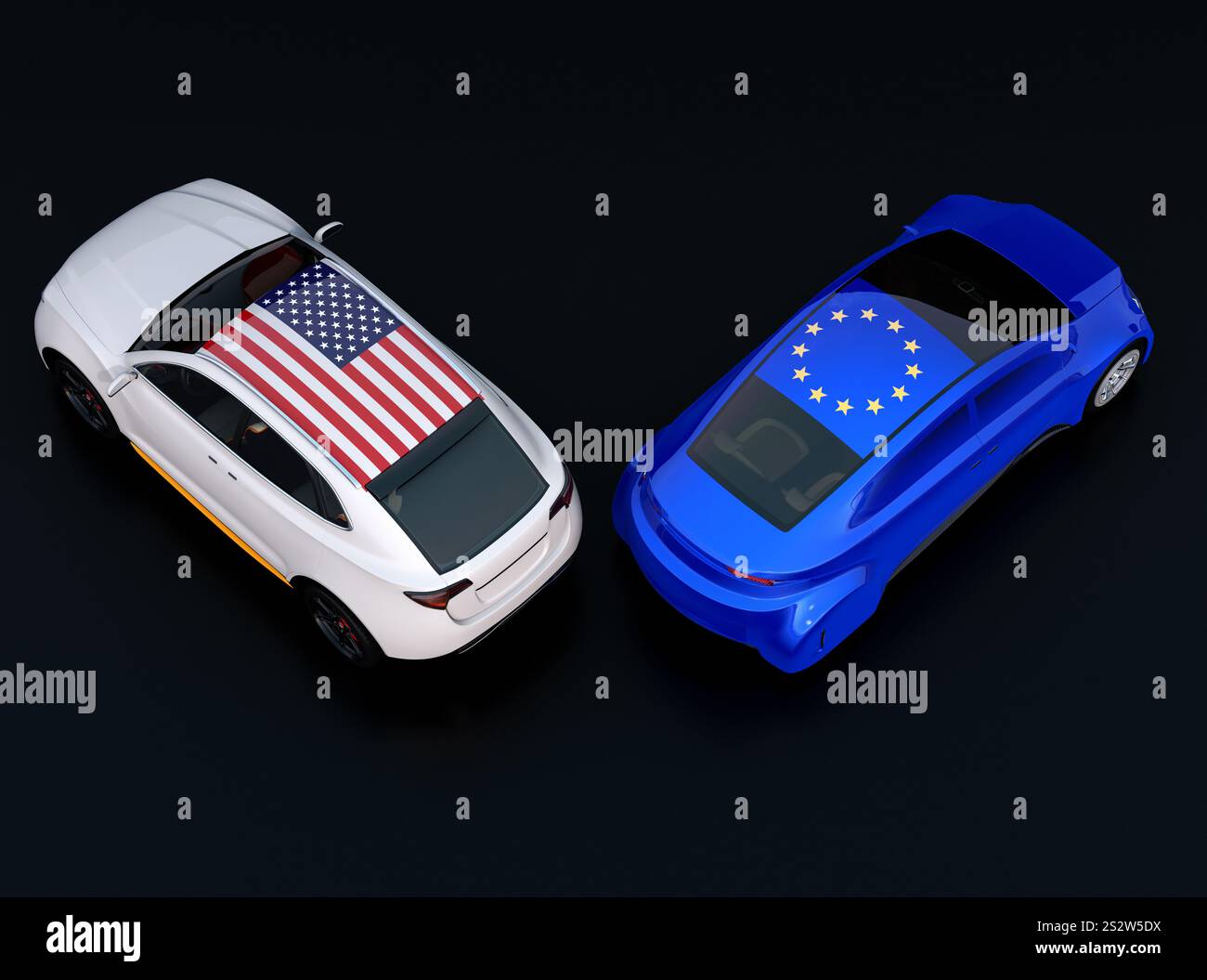 US and EU flags on cars. Concept of car tariffs in Europe and the US ...