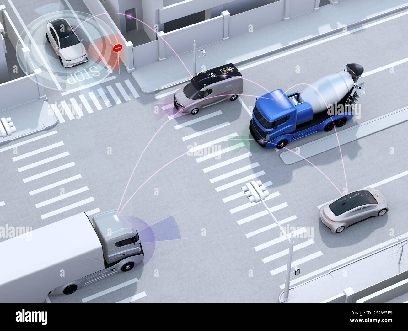 Cars communicate wirelessly with each other at an intersection to ...