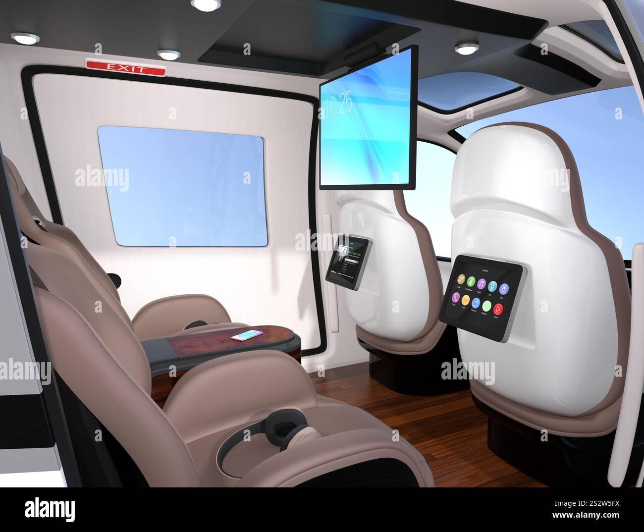 Interior image of a flying taxi. Ceiling-mounted monitor enables ...