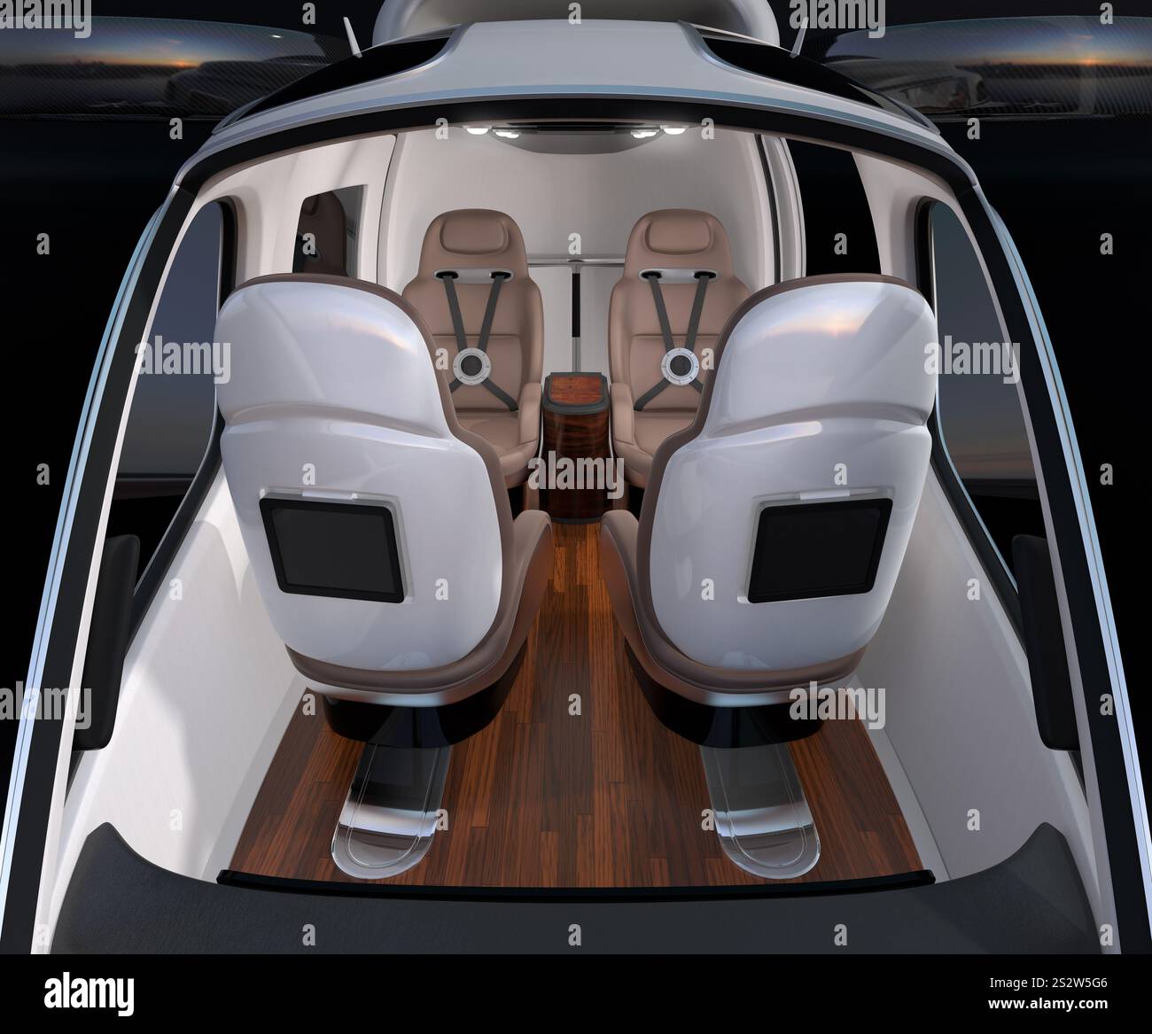 Interior image of a flying taxi. Face-to-face seat layout allows for ...