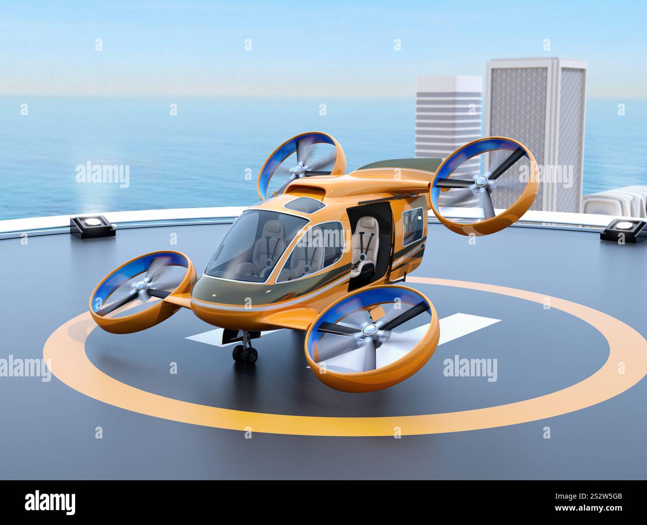 Automated drone taxi taking off and landing from a helipad. Flying taxi ...