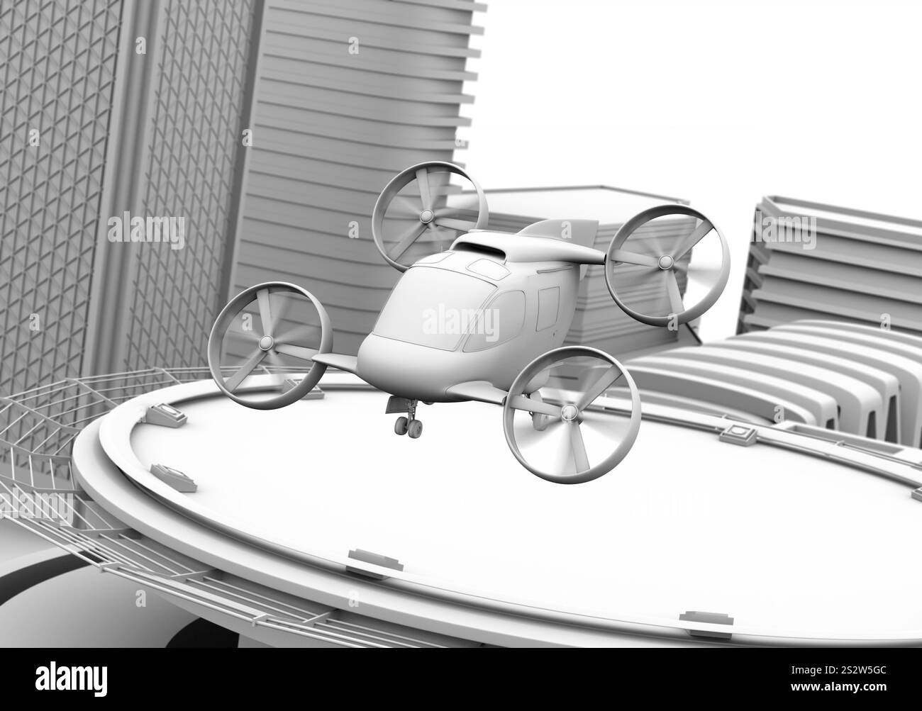 Clay-rendered image of a flying taxi taking off from a heliport Stock ...