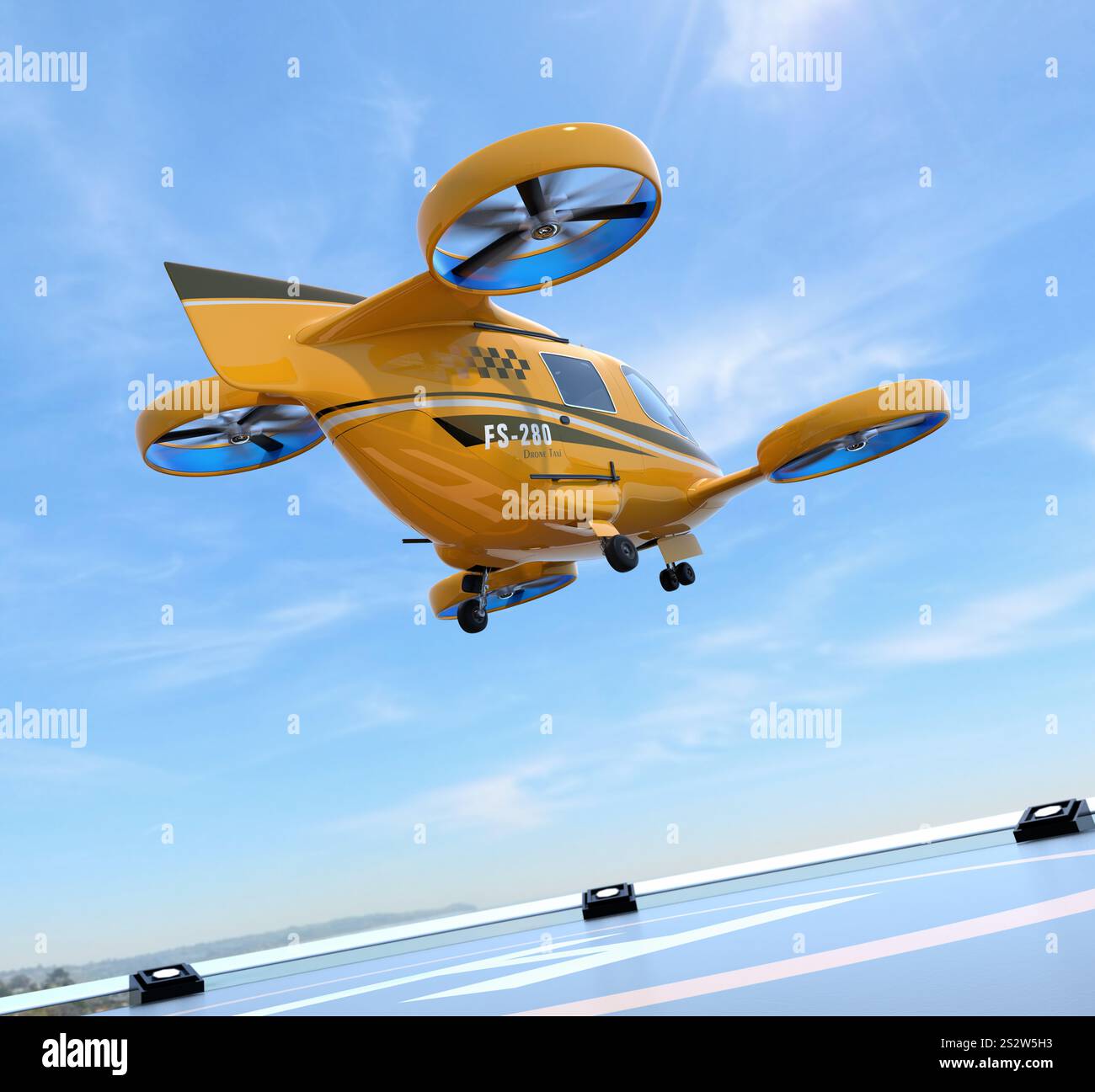 Concept image of a flying taxi taking off and landing from a helipad ...