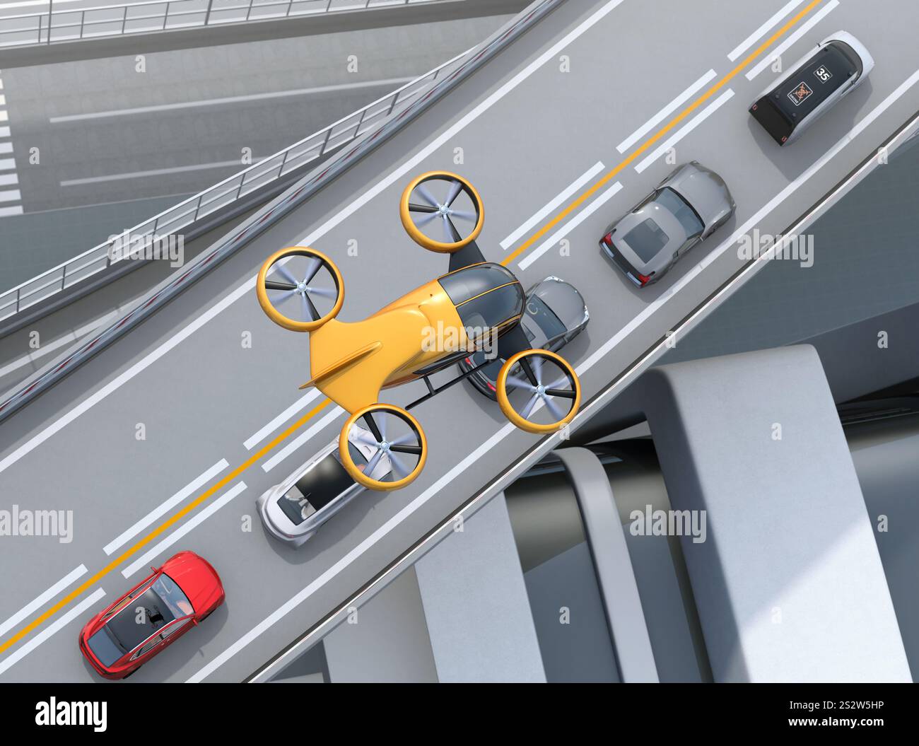 Image of an automated drone taxi flying over a convoy of cars congested ...