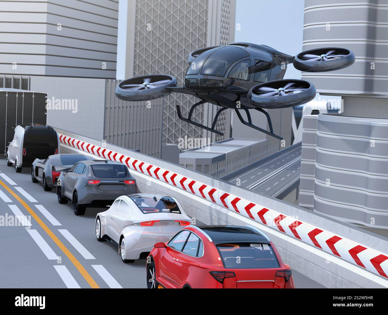 Image of an automated drone taxi flying over a convoy of cars congested ...