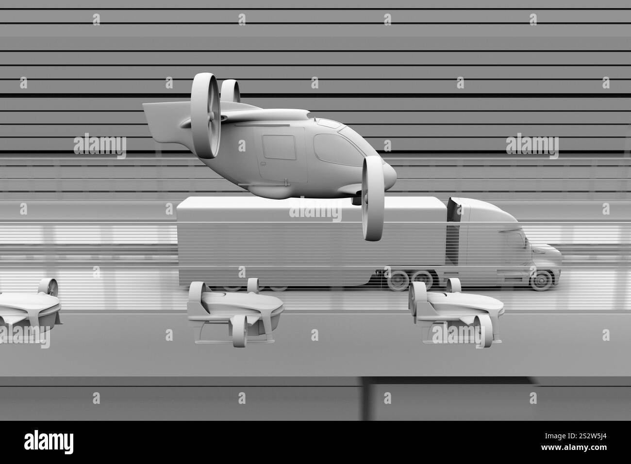 Clay rendered image of a drone taxi and delivery drone flying over a ...