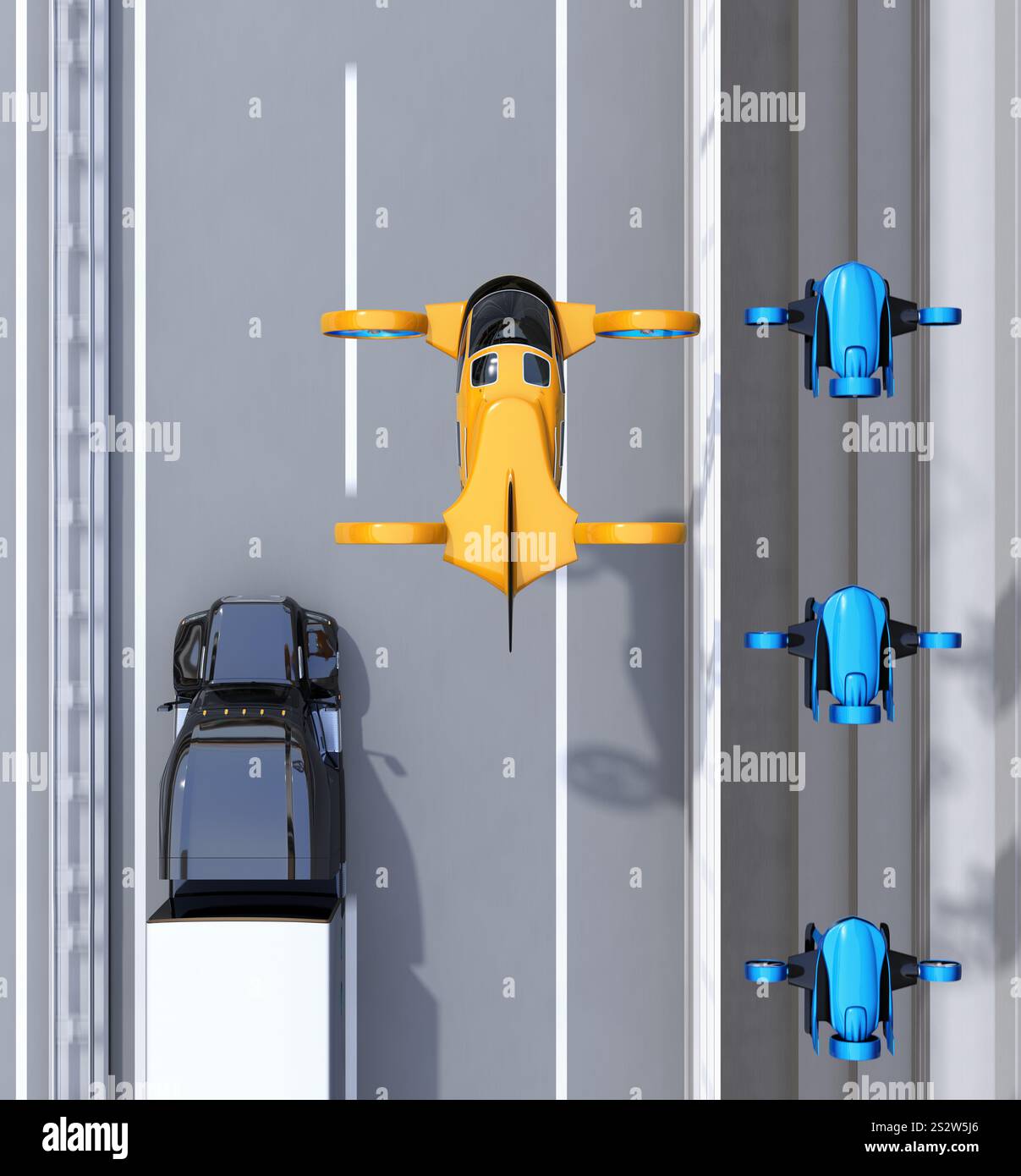 Bird's-eye view image of heavy trucks, delivery drones and drone taxis ...