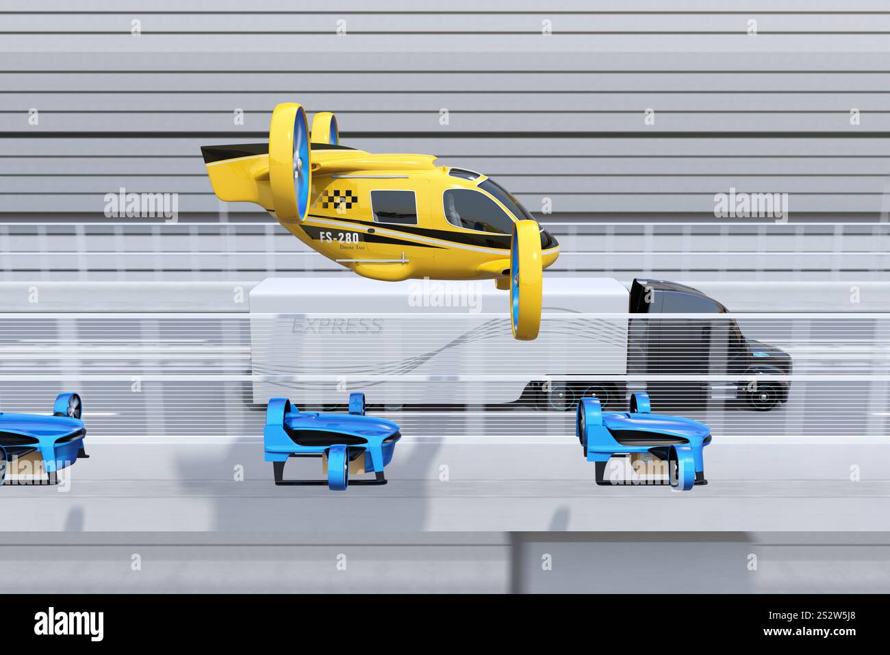 Image of drone taxi and delivery drone flying over motorway Stock Photo ...