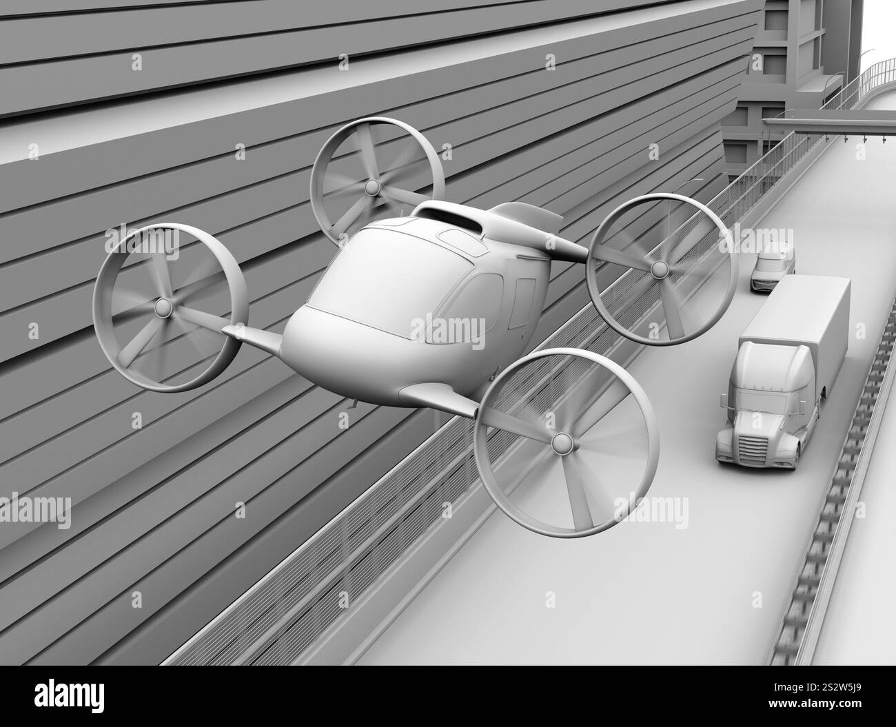 Clay rendered image of a drone taxi flying over a motorway Stock Photo ...