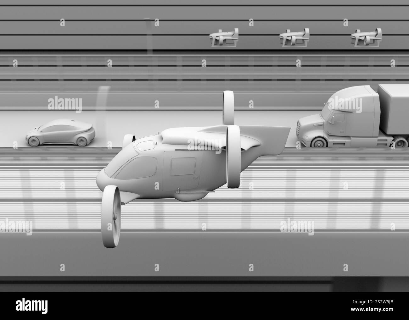 Clay rendered image of a drone taxi flying over a motorway Stock Photo ...