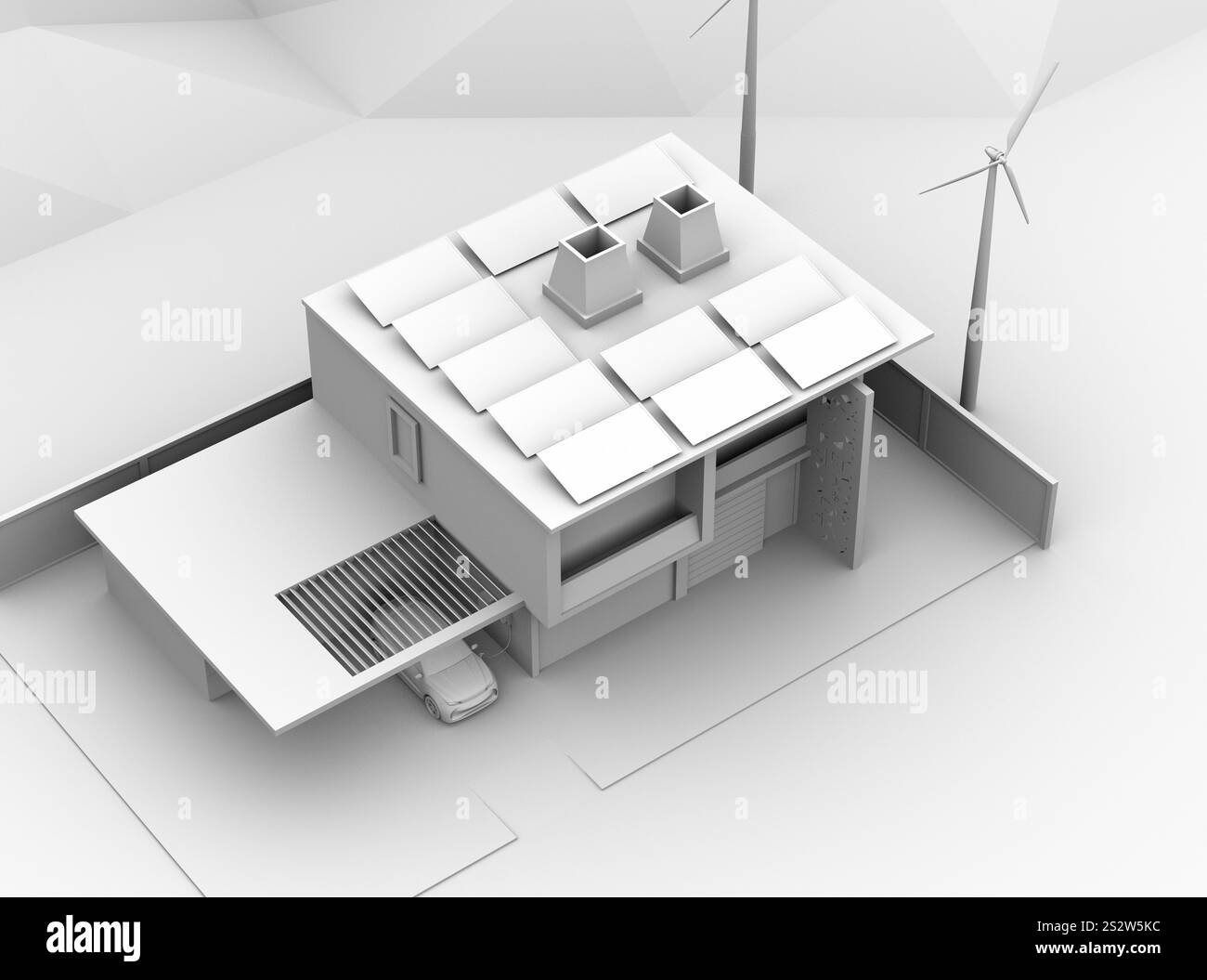 Image of a smart home with solar panels on the roof and a wind turbine ...