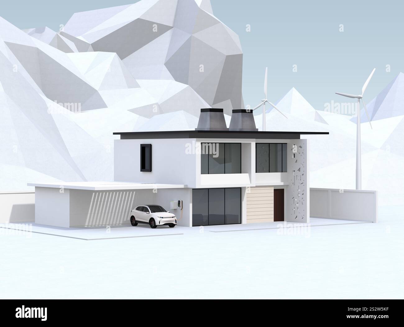 Image of a smart home with solar panels on the roof and a wind turbine ...