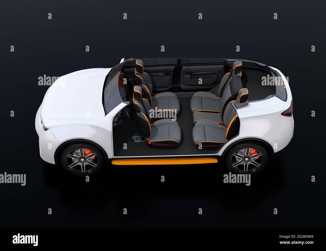 Cutaway model of an electric SUV. Front row seats rotated backwards to ...