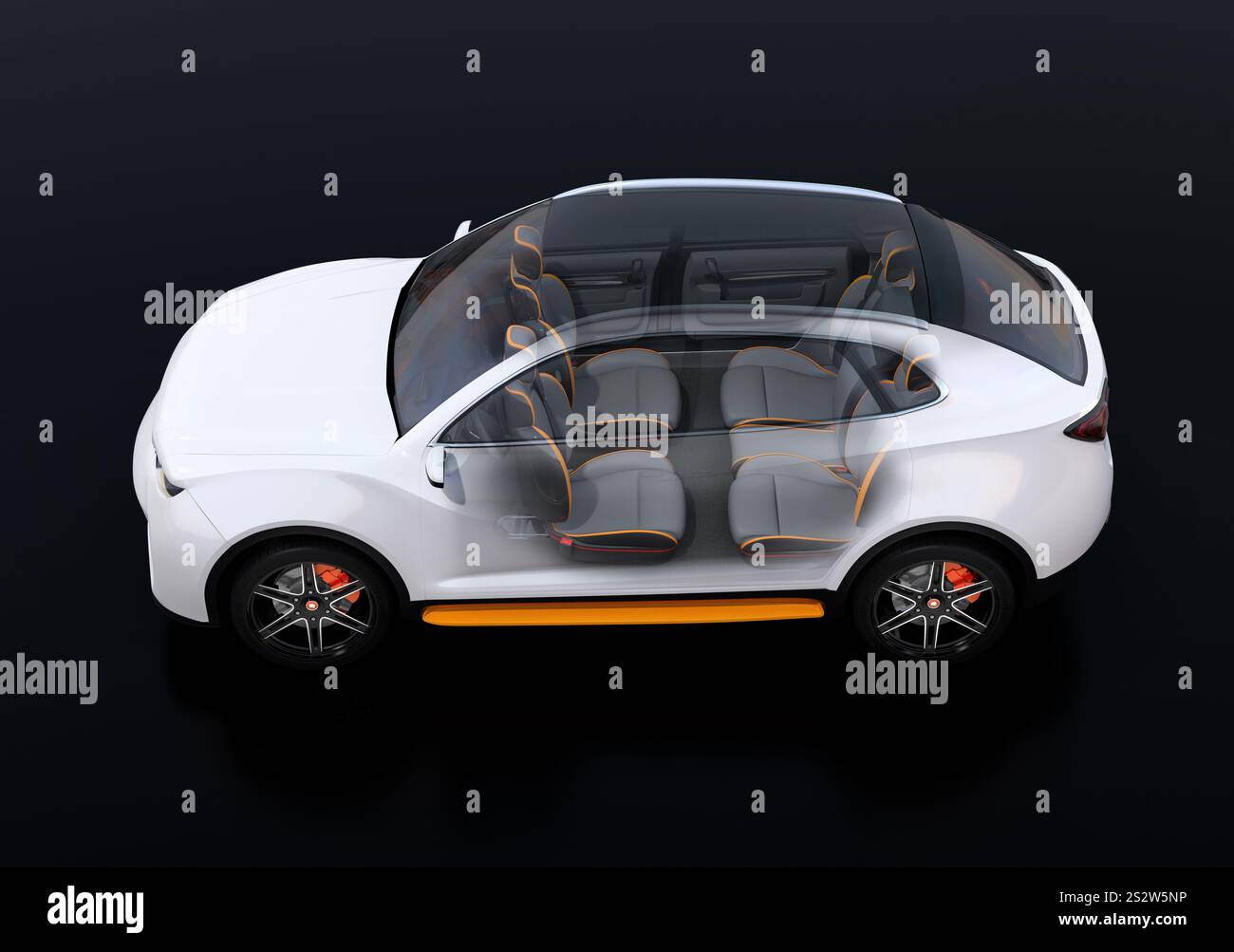 Through image of the interior of an electric SUV. Front row seats ...