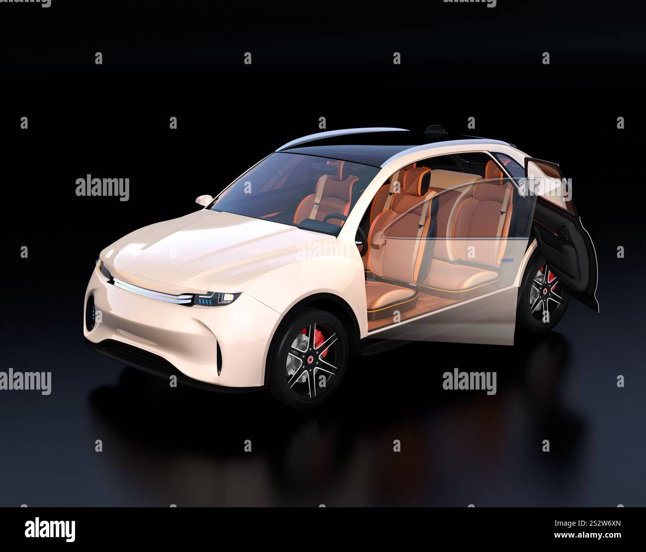 Interior image of electric SUV in ivory colour on black background ...